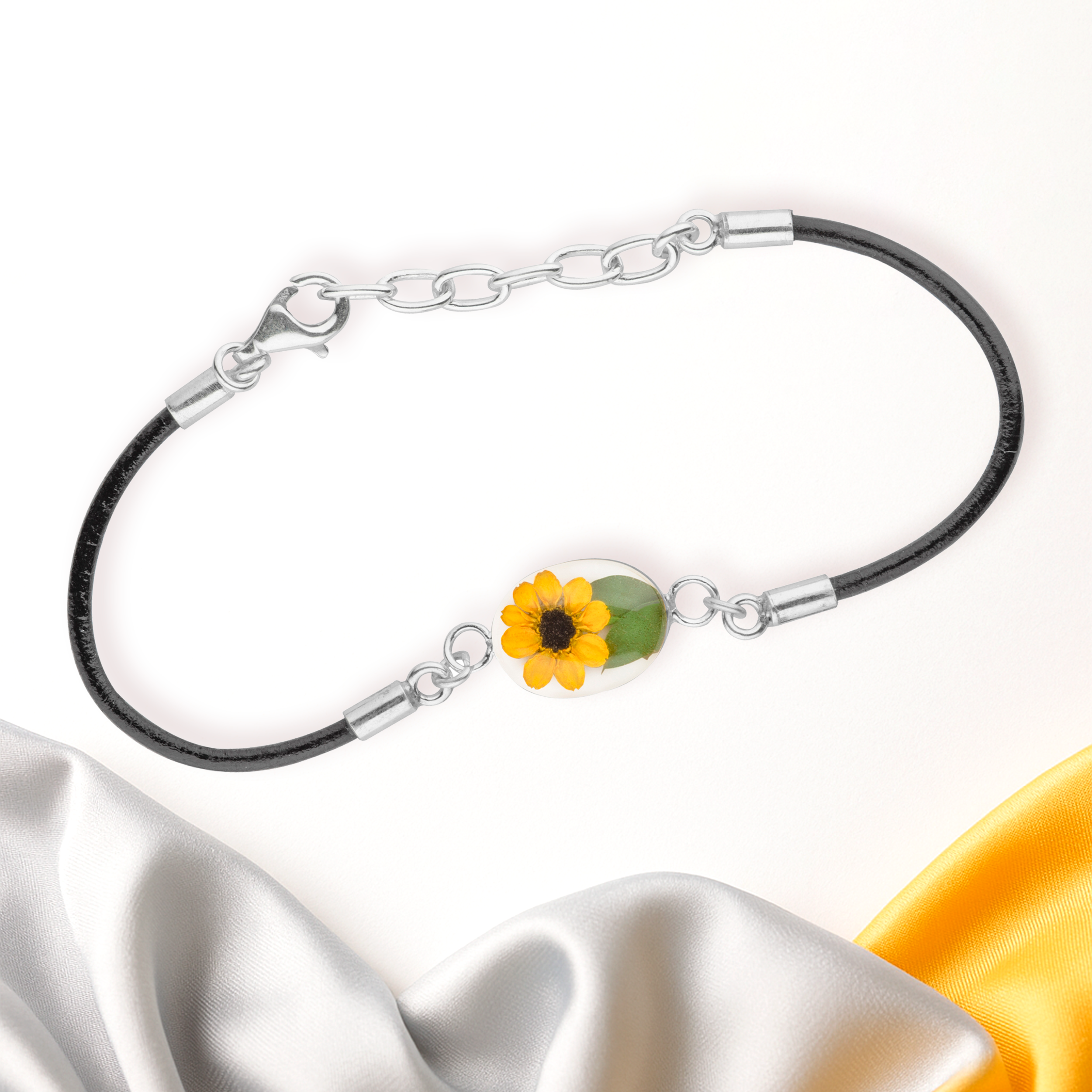 Pulsera con Girasol Natural en Plata 925 y Cuero Negro – TAMI Joyería